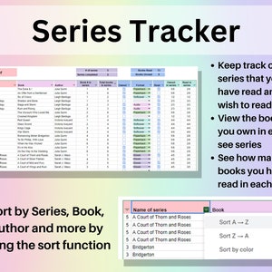 Book Tracker & Reading List Spreadsheet Google Sheets Excel Book Series ...