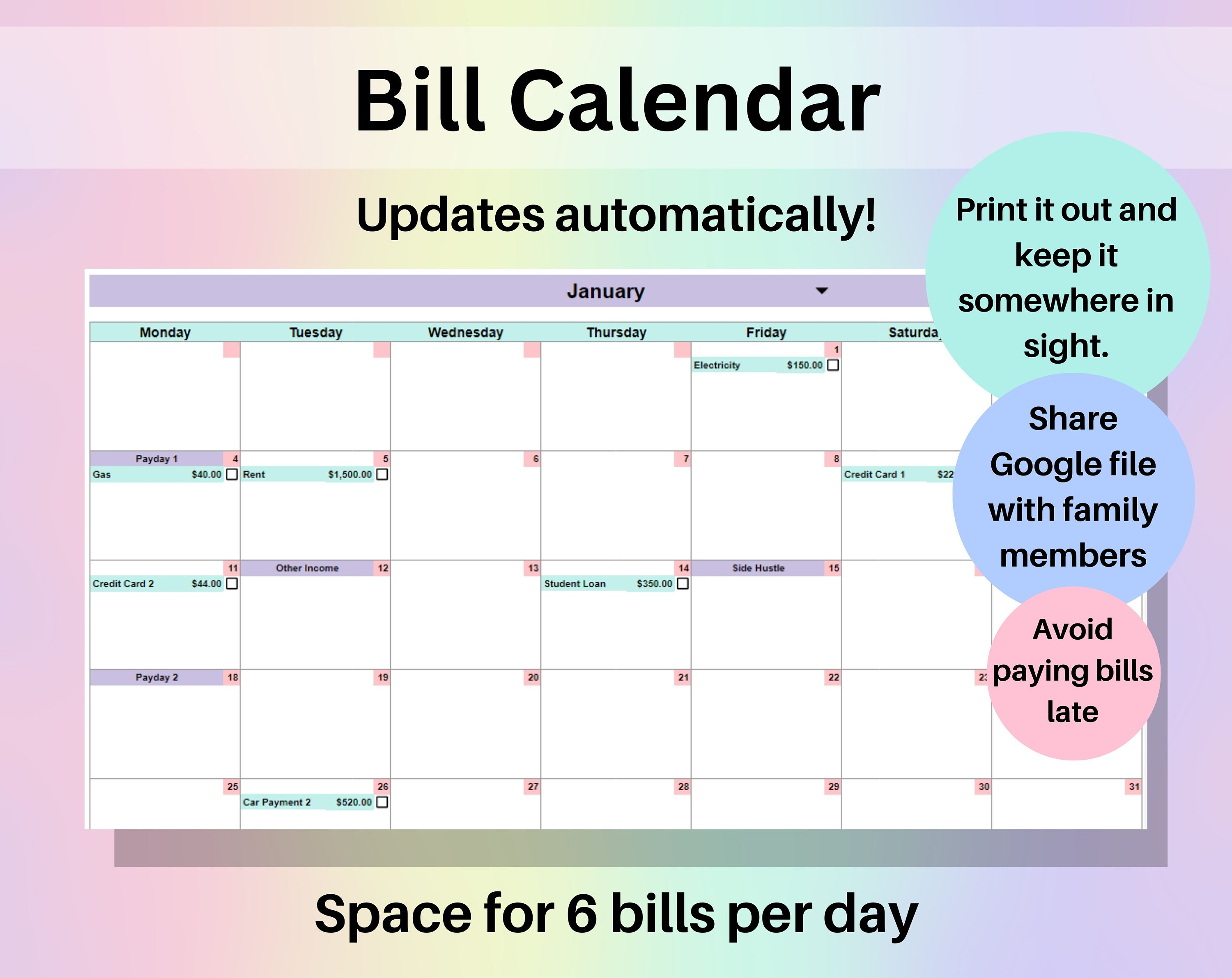 Bill Calendar Spreadsheet Google Sheets Monthly Calendar Debt - Etsy Canada