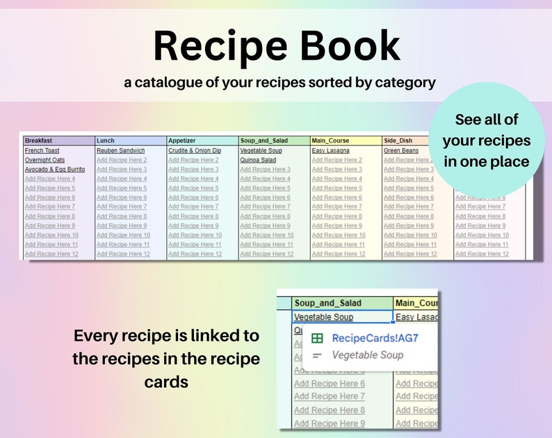 Weekly Meal Planner Spreadsheet Google Sheets Recipe Builder - Etsy