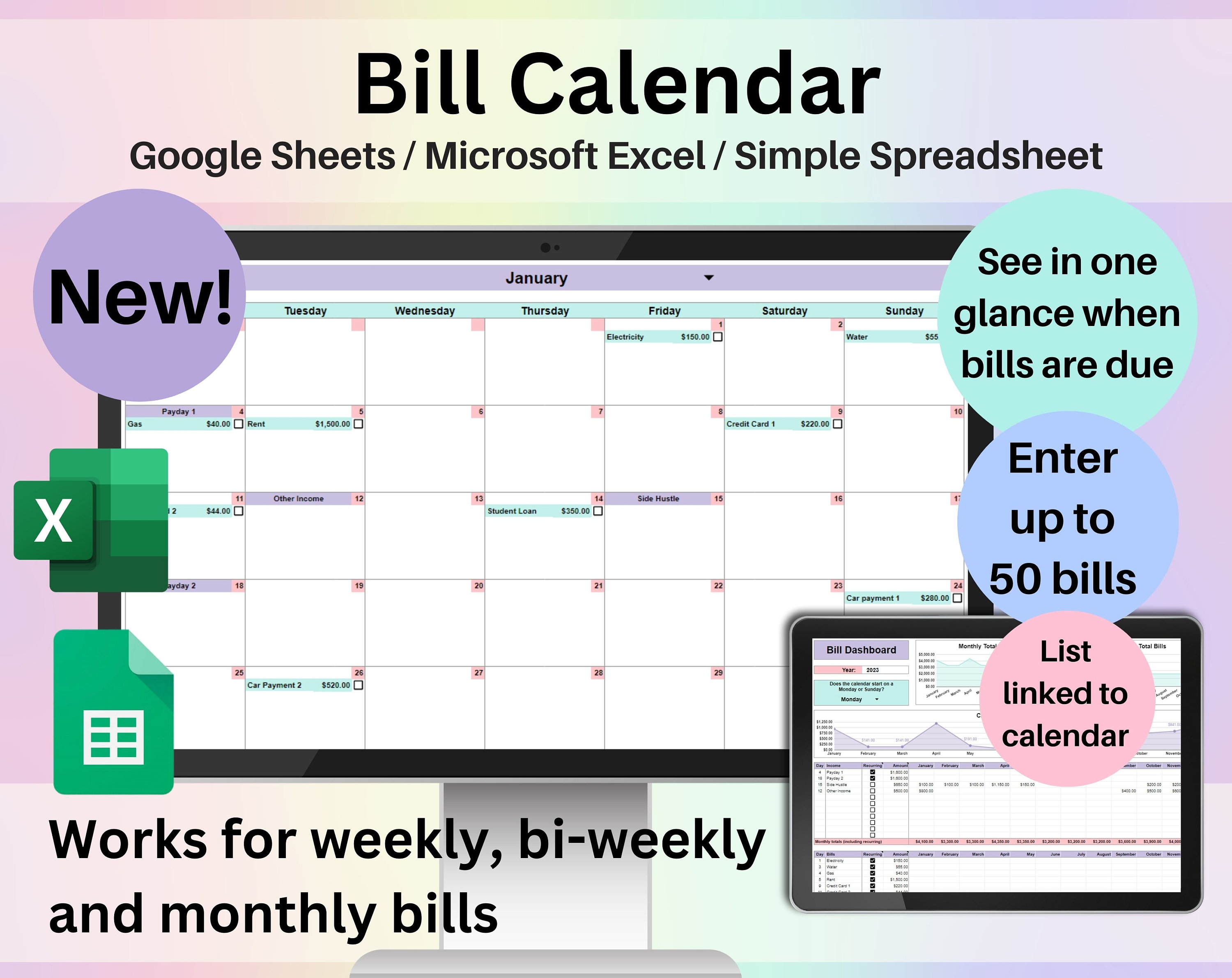 Bill Calendar Spreadsheet Google Sheets Excel Monthly Calendar - Etsy
