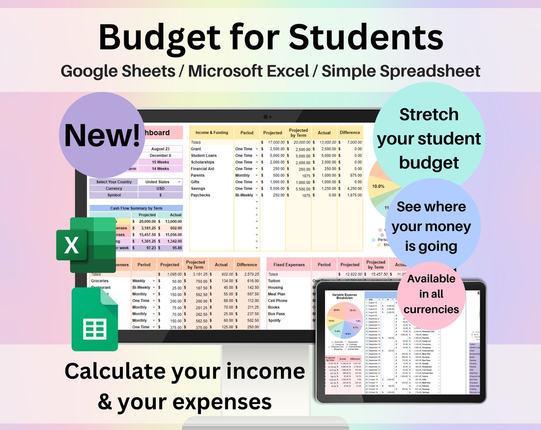 Student Budget Spreadsheet Google Sheets & Excel | College Budget ...