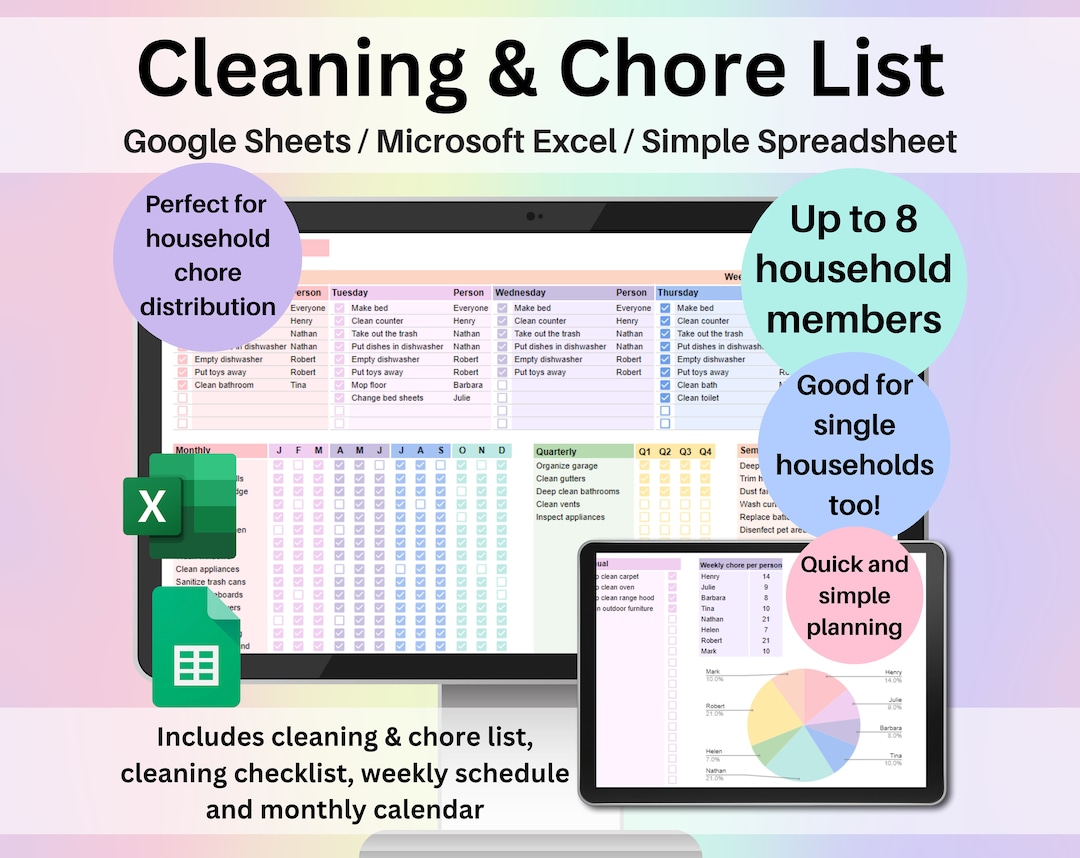 Cleaning & Chore List Spreadsheet Google Sheets and Excel | Household ...