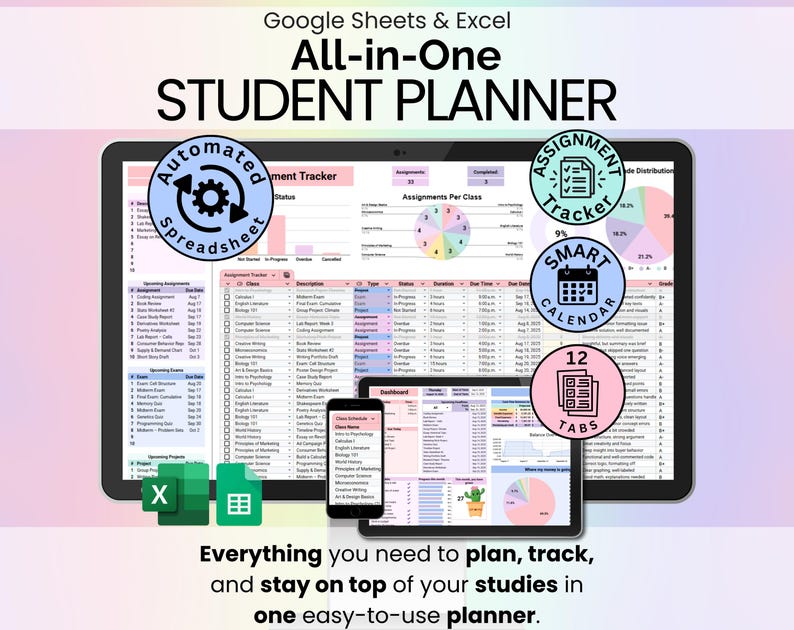 All-in-one Student Planner Google Sheets Excel College Spreadsheet ...