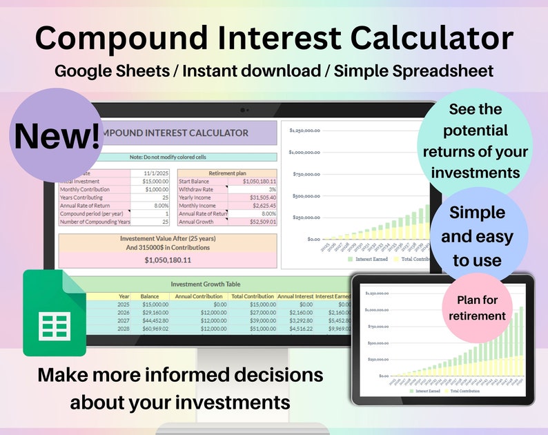 Compound Interest Calculator Spreadsheet Rainbow Google - Etsy