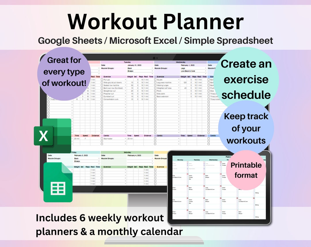 Workout Planner Spreadsheet Google Sheets & Excel | Fitness Tracker ...