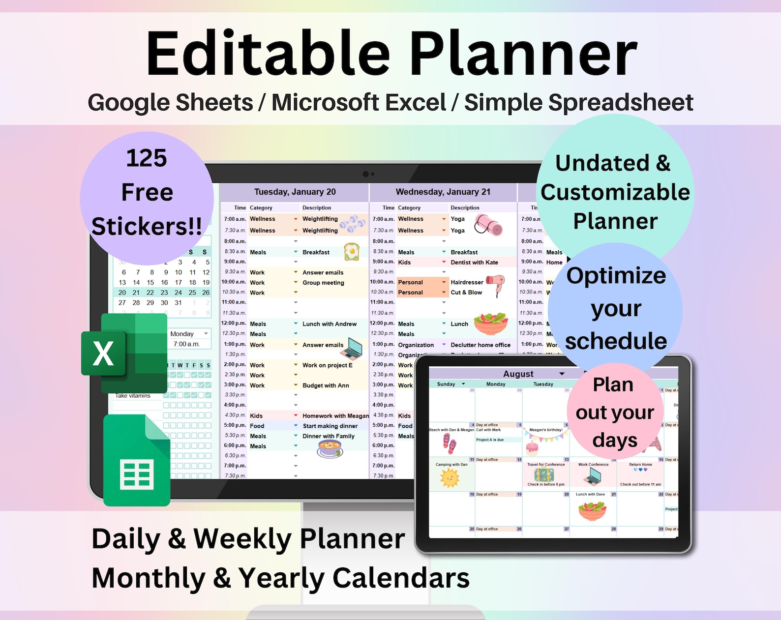 Editable Planner Spreadsheet Google Sheets & Excel | Daily, Weekly ...
