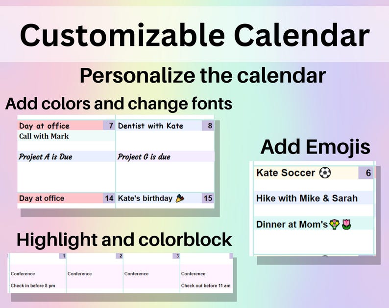 Editable Monthly Calendar Spreadsheet Google Sheets & Excel | Undated ...