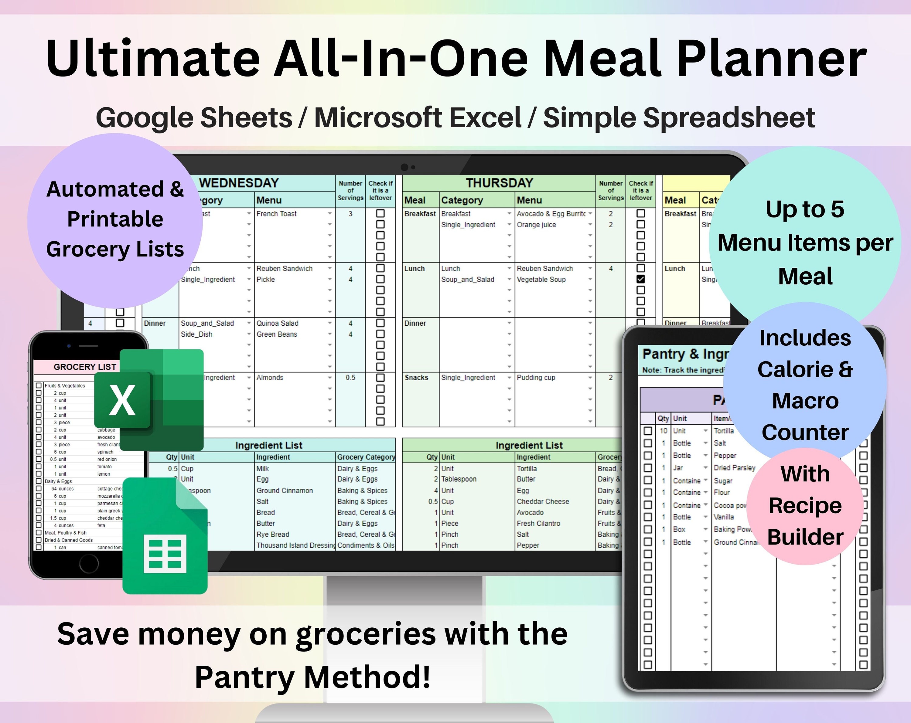 Weekly Meal Planner Spreadsheet Google Sheets Excel Recipe - Etsy