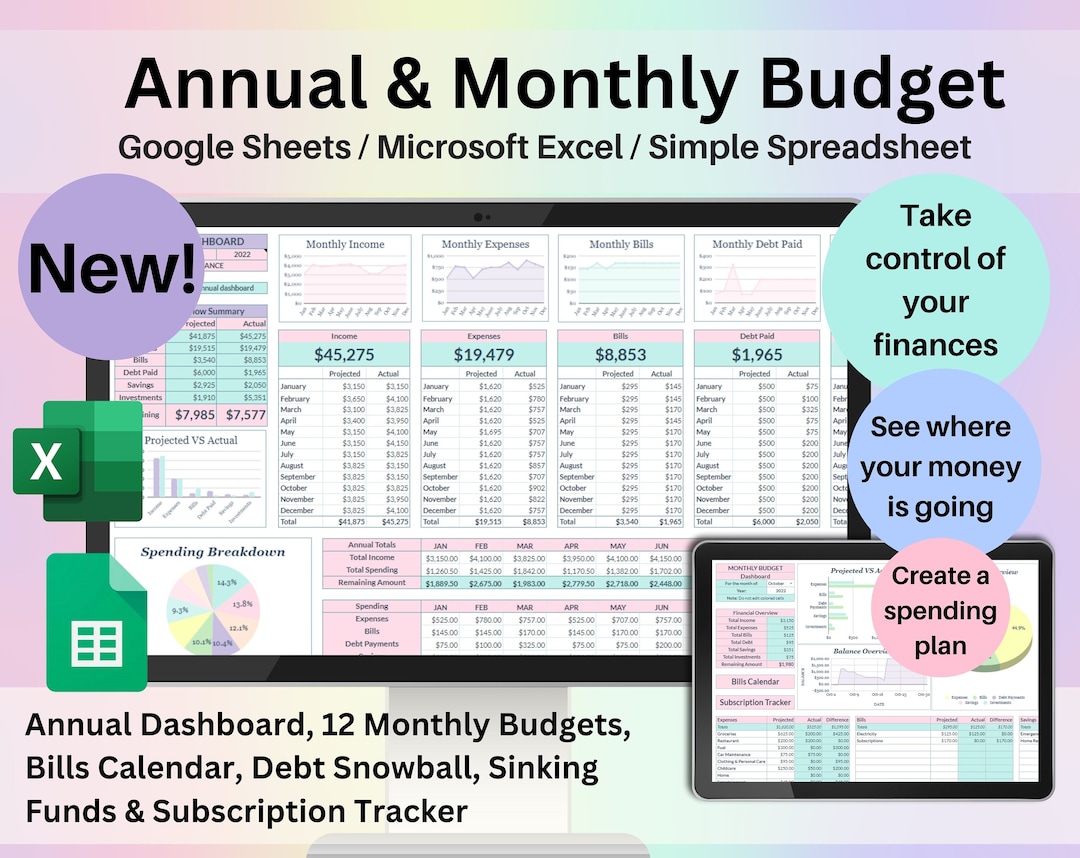 Annual & Monthly Budget Spreadsheet Google Sheets Excel - Etsy