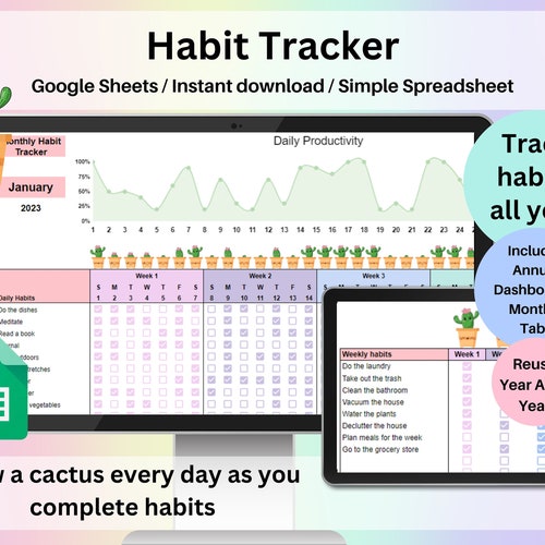 Habit Tracker Spreadsheet Google Sheets Daily Weekly Monthly - Etsy