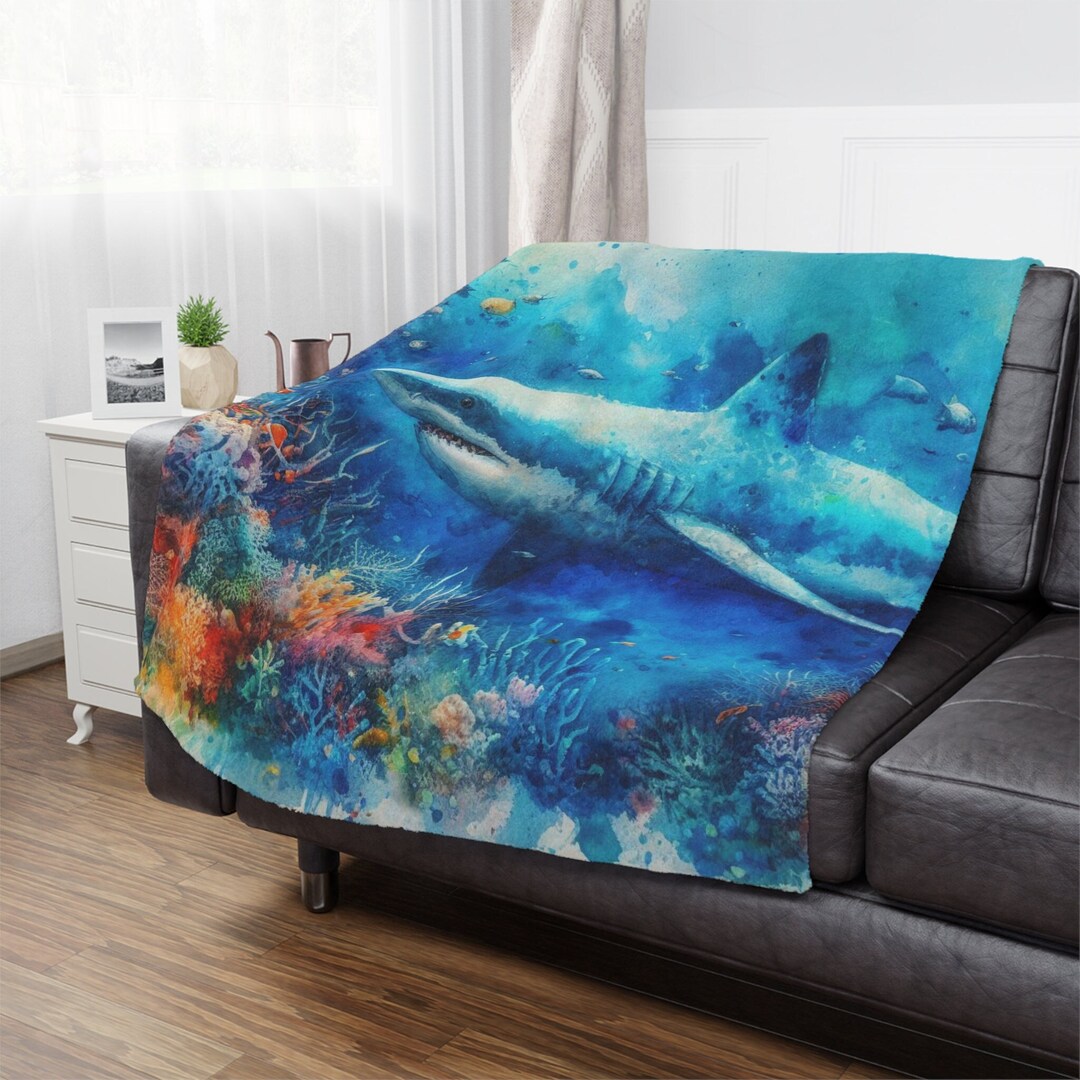 Warm & Cozy Beautiful Shark Watercolor 50x60 Minky Blanket, Large Shark ...