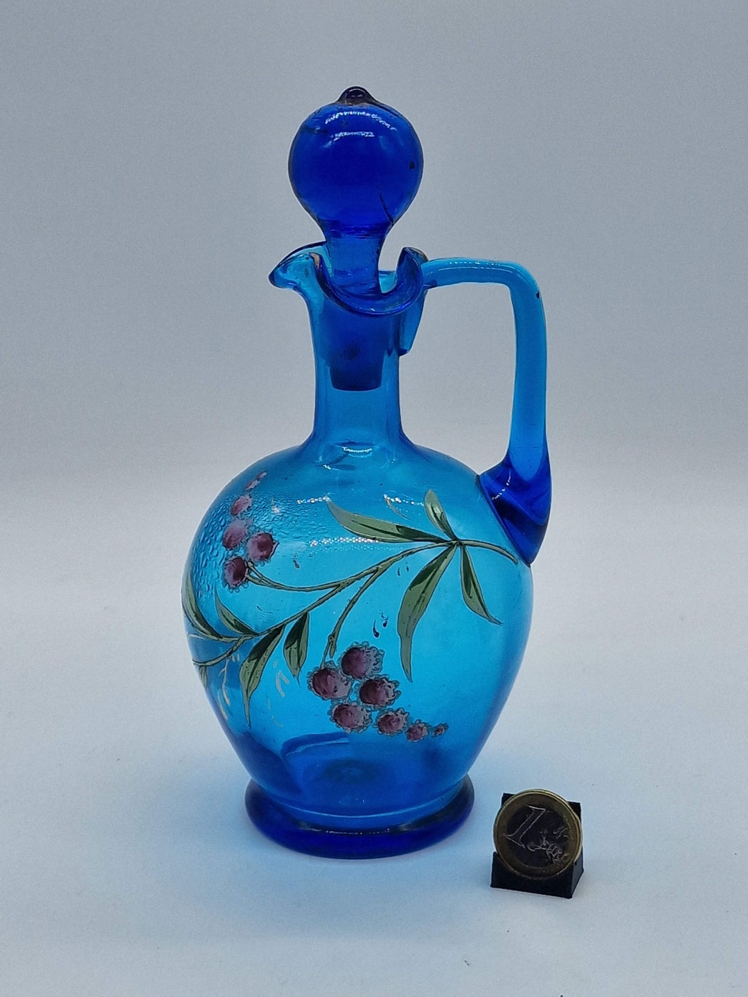 An Antique Jug. Blue Glass. Enamel Pattern, Lily of the Valley Flower ...