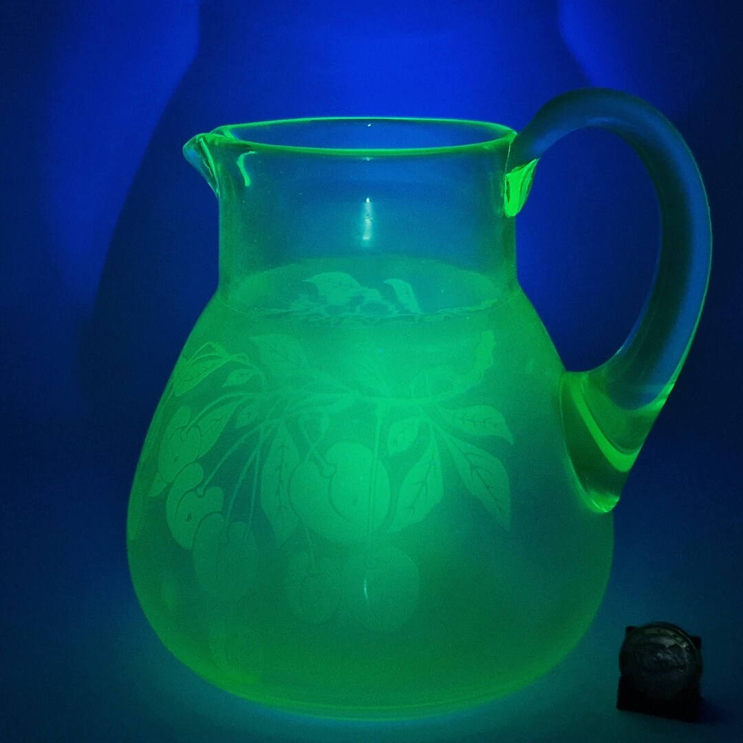 Frosted Uranium Glass Pitcher With Etched Cherry Motif - Art Deco Style ...