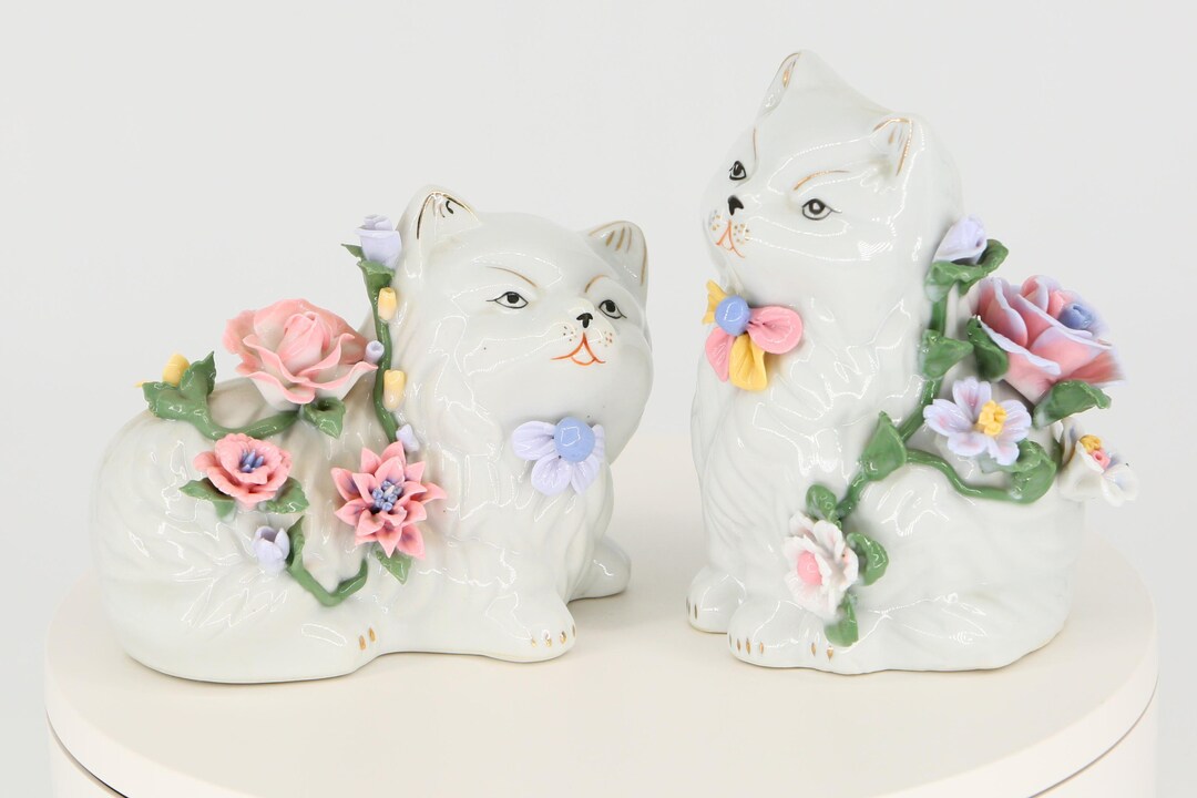 Pair of Porcelain Cats With Hand Applied Flowers - Vintage 90s ...