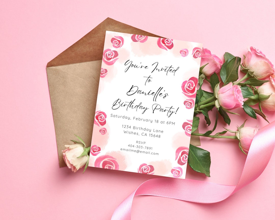 Pink Rose Birthday Invitation | Watercolor Roses | Minimal | Floral ...