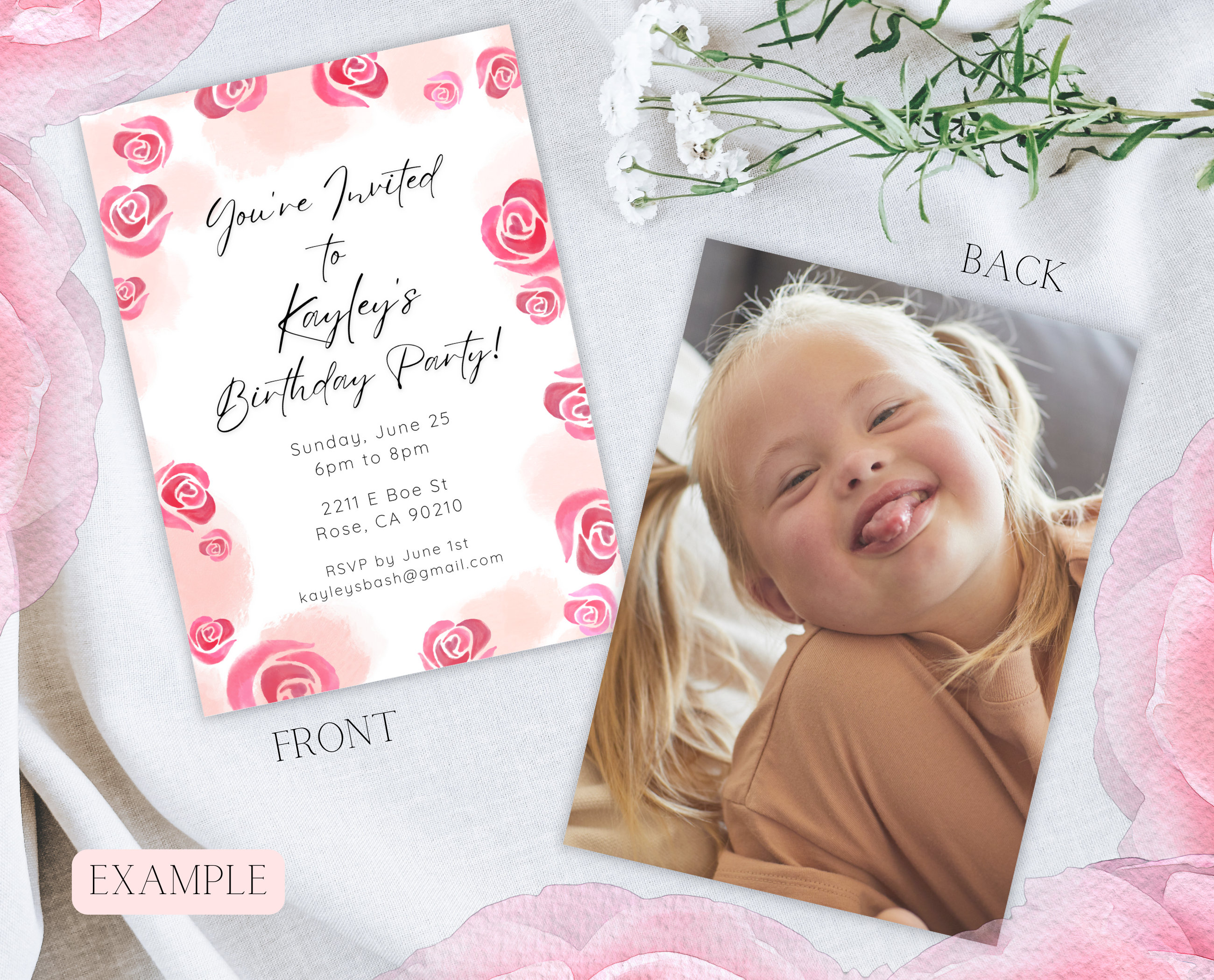 Pink Rose Birthday Invitation | Watercolor Roses | Minimal | Floral ...