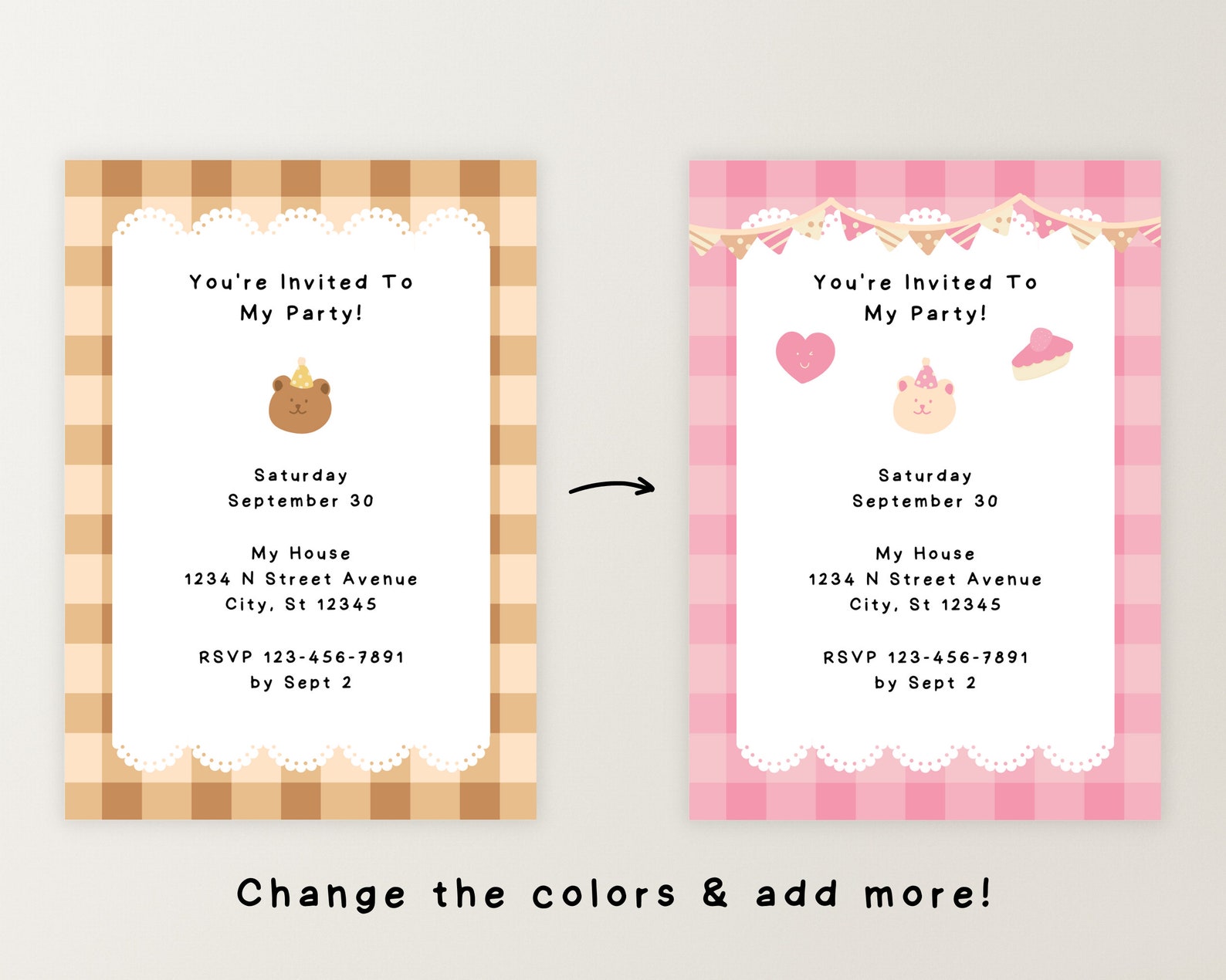 Simple Bear Invitation Cartoon Bear Invite Gingham Cute Bear Birthday ...