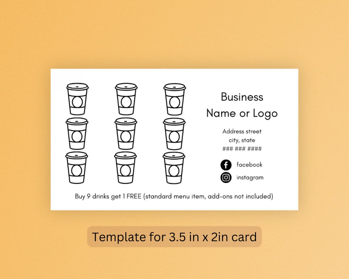 Coffee Tea Loyalty Card | Cafe Rewards | Punch Card | Digital Template ...
