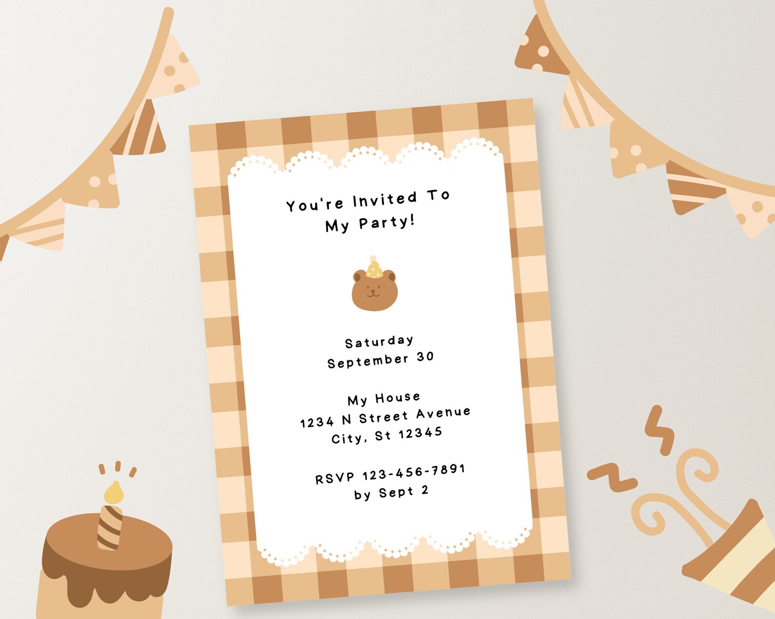 Simple Bear Invitation Cartoon Bear Invite Gingham Cute Bear Birthday ...