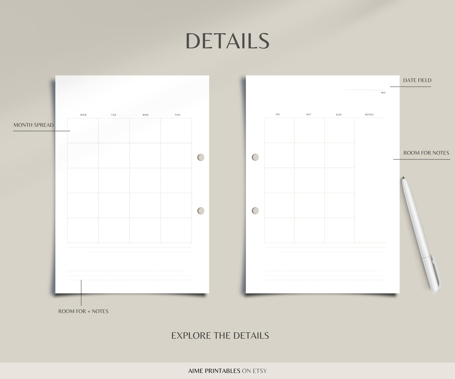 Undated Monthly Planner Printable, Month on Two Pages, Month at a ...