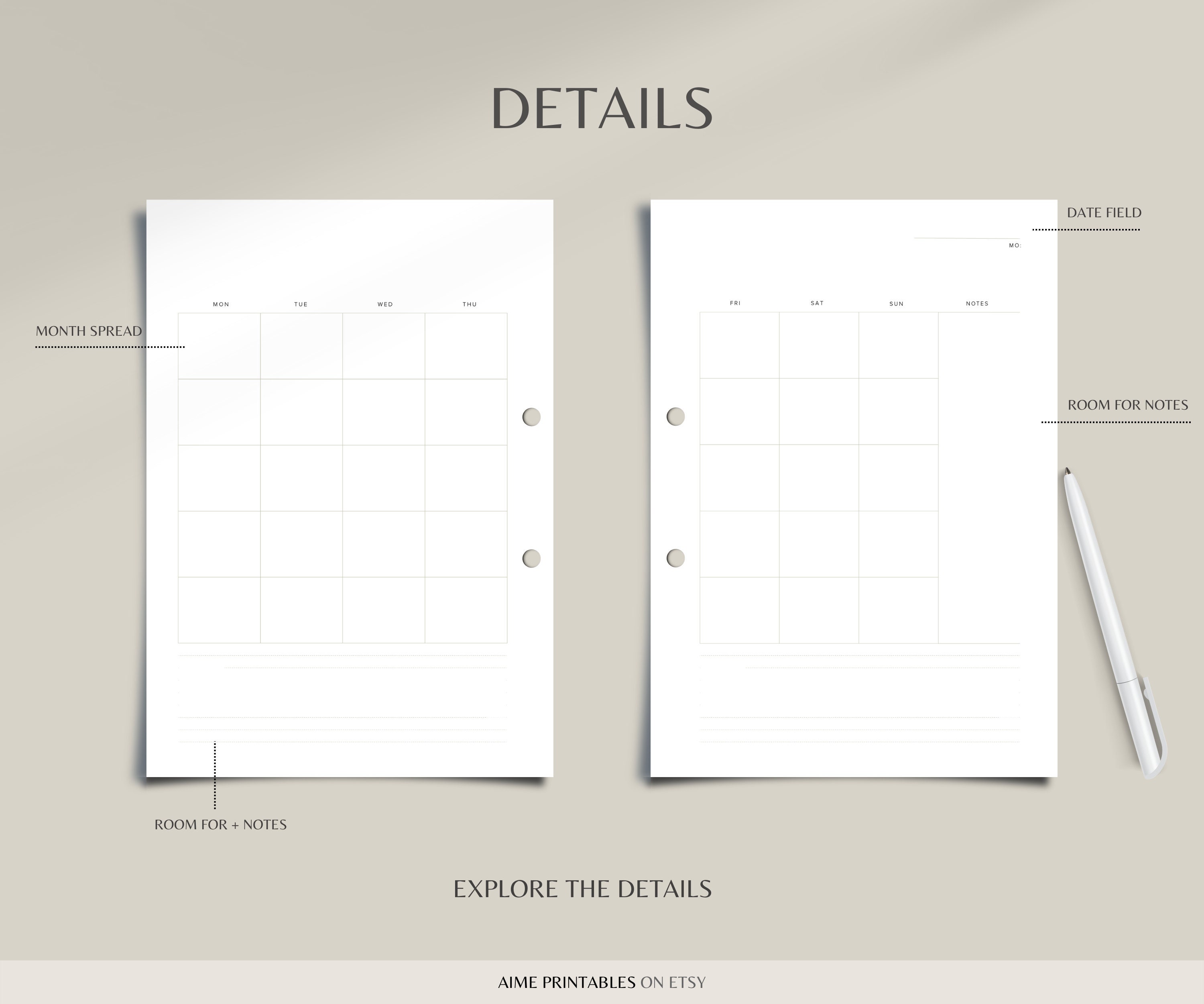 Undated Monthly Planner Printable, Month on Two Pages, Month at a ...