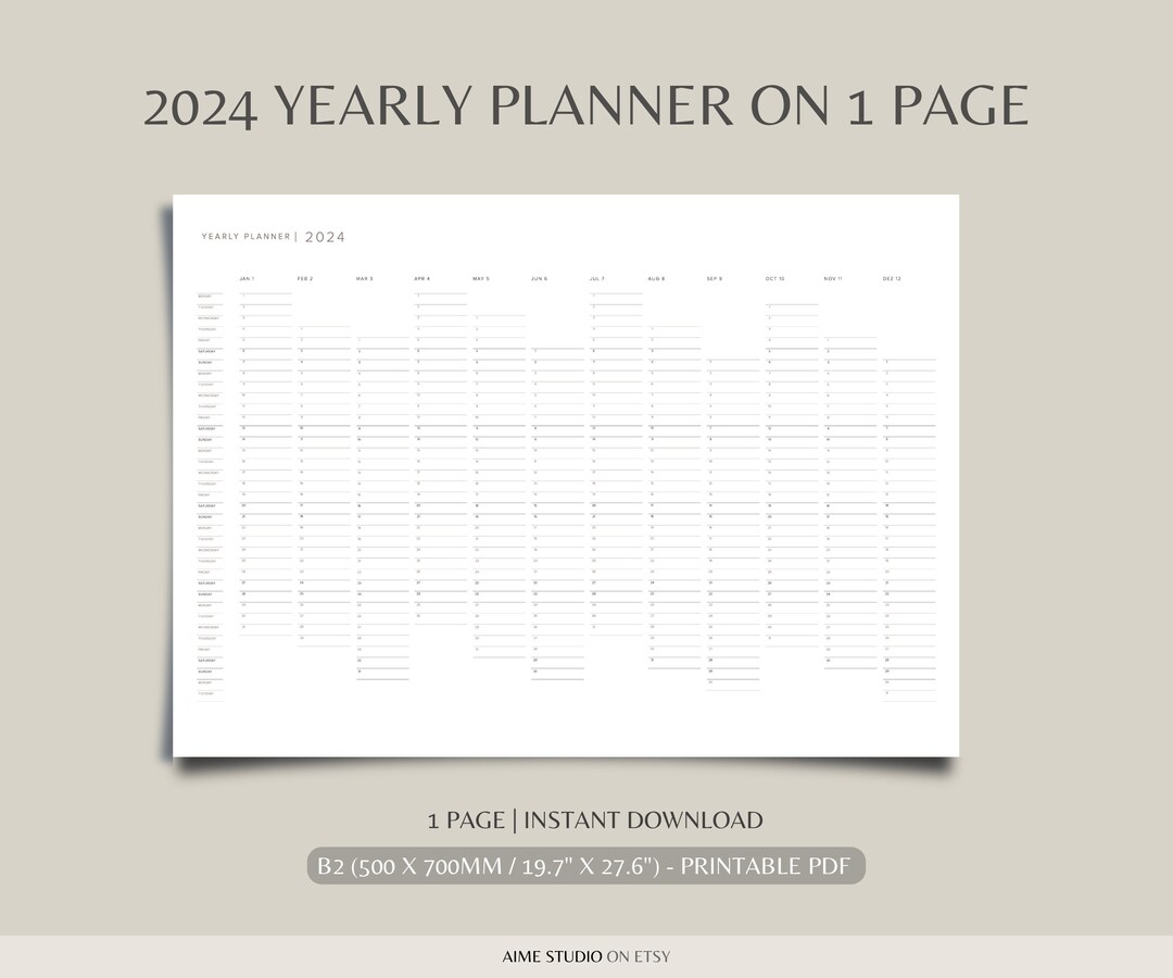 2024 Wall Yearly Planner on 1 Page Landscape (poster), Year at a Glance ...