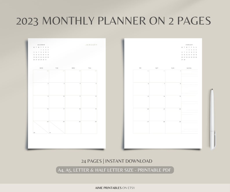 2023 Monthly Planner Printable Dated Month on 2 Pages 2023 - Etsy