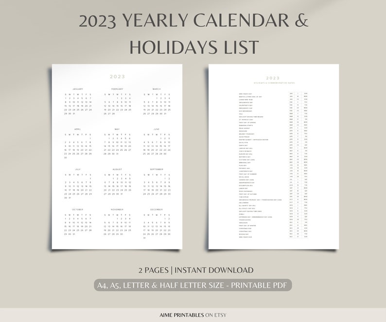2023 Year Calendar With Holidays on Two Pages, Wall Calendar, Desk ...