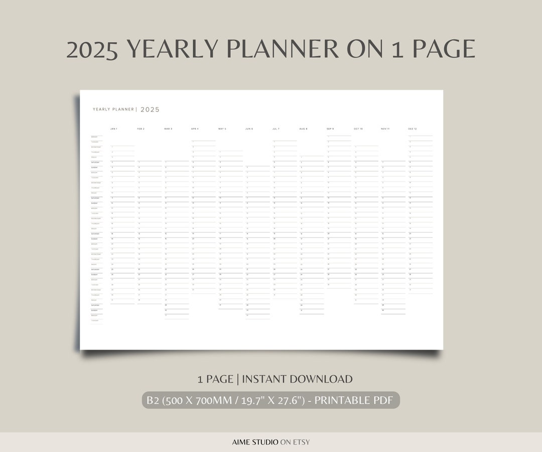 2025 Wall Yearly Planner on 1 Page Landscape (poster), Year at a Glance ...