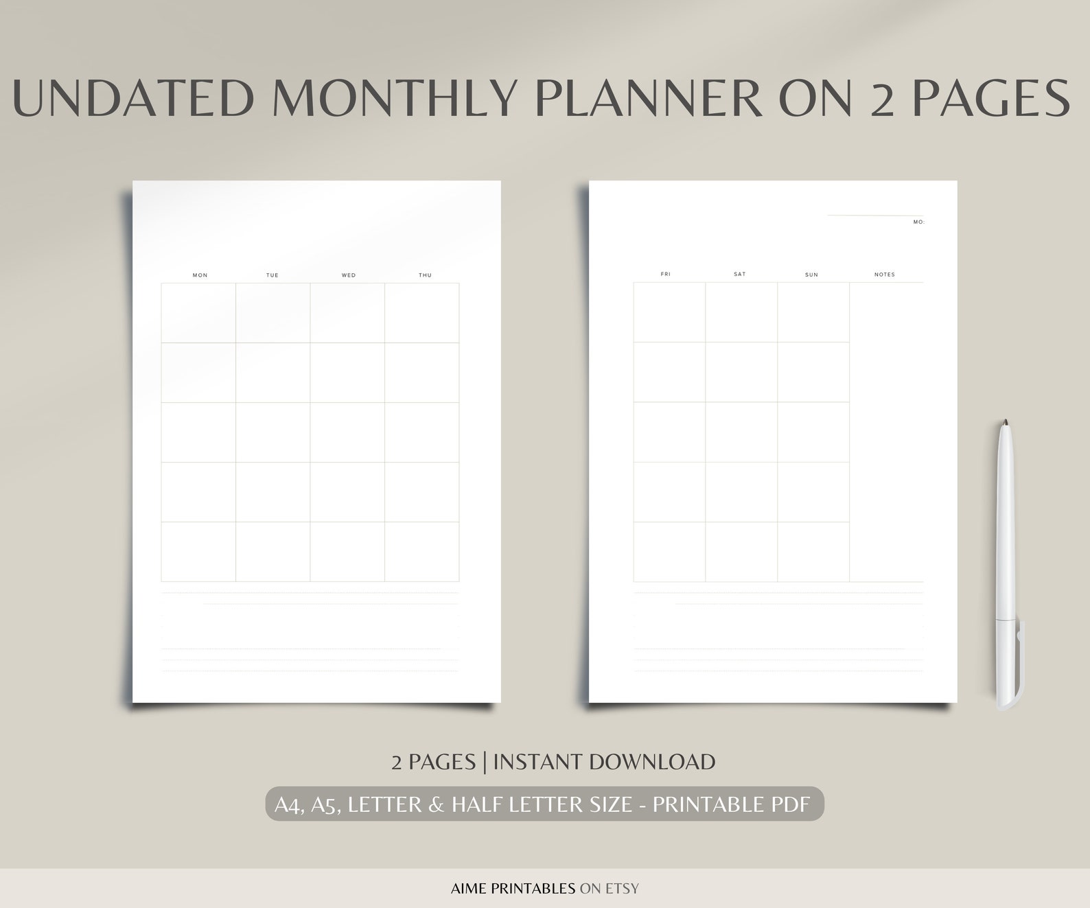 Undated Monthly Planner Printable, Month on Two Pages, Month at a ...