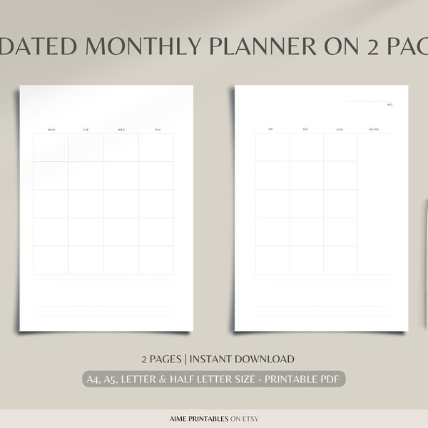 Undated Monthly Planner Printable, Month on Two Pages, Month at a ...