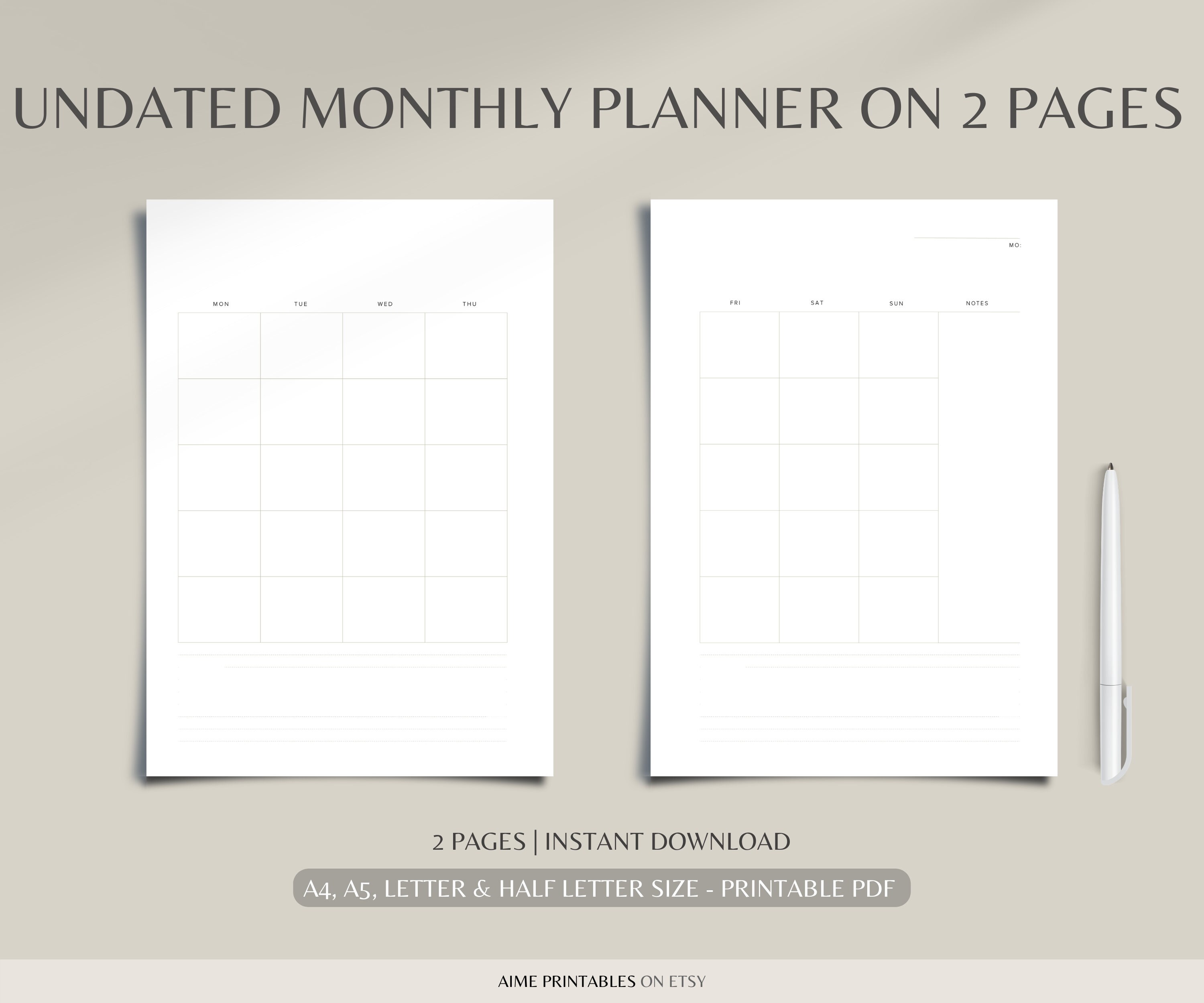 Undated Monthly Planner Printable, Month on Two Pages, Month at a ...