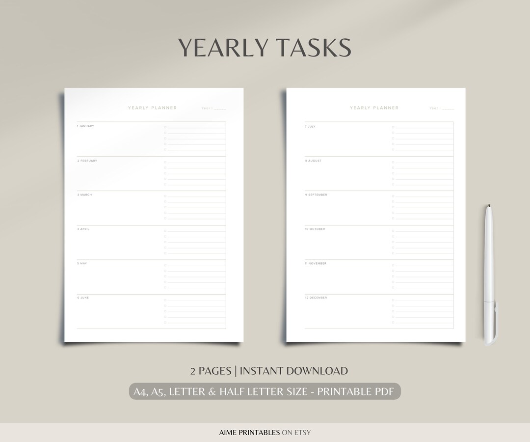 Yearly Tasks, Yearly to Do List, Yearly Planner, Annual Planner, A4/a5 ...