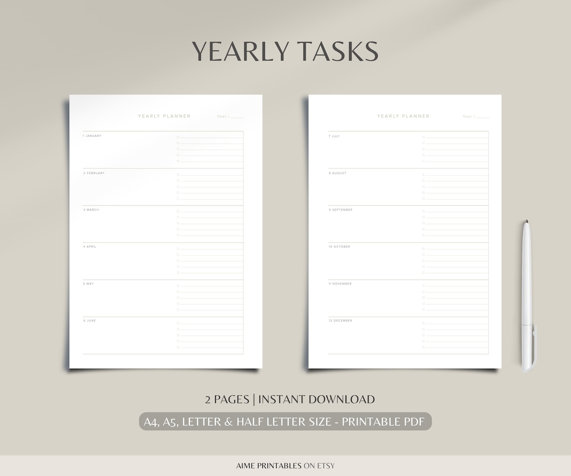 Yearly Tasks, Yearly to Do List, Yearly Planner, Annual Planner, A4/a5 ...