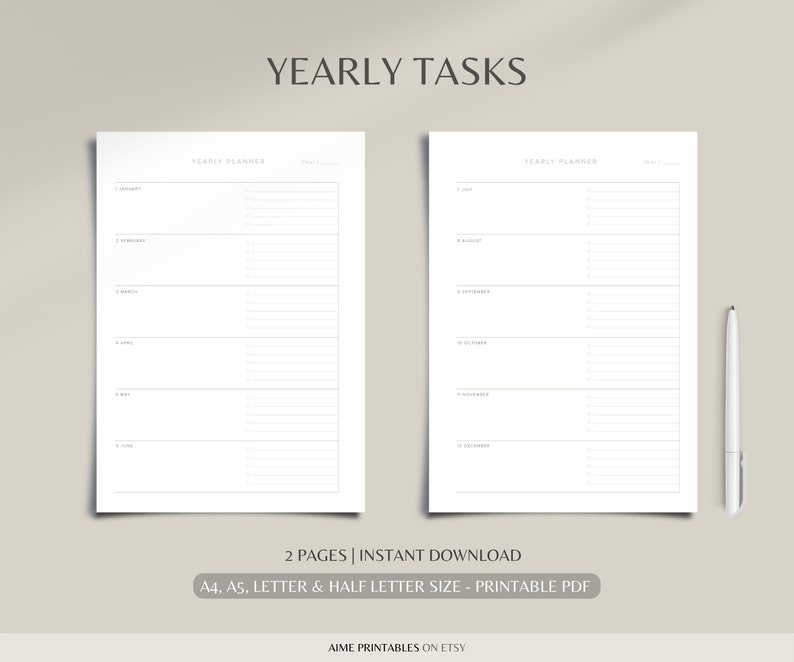 Yearly Tasks, Yearly to Do List, Yearly Planner, Annual Planner, A4/a5 ...