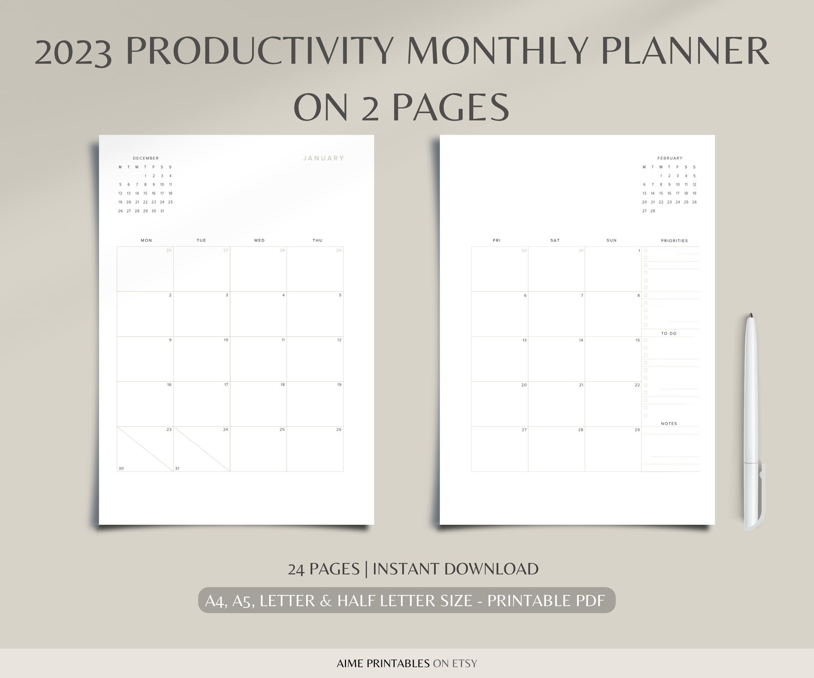 2023 Monthly Planner Printable Productivity Planner Month at - Etsy