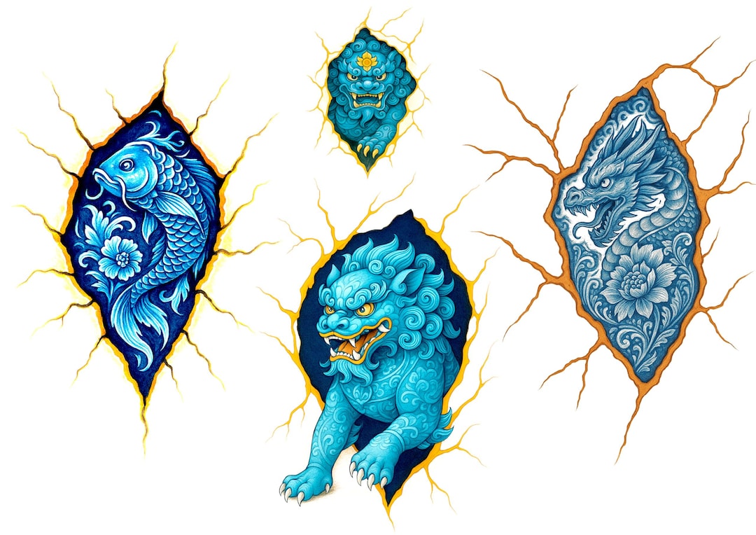 Marble Dragon, Koi & Lion Temporary Tattoos – 2 A5 Sheets – Escaping ...