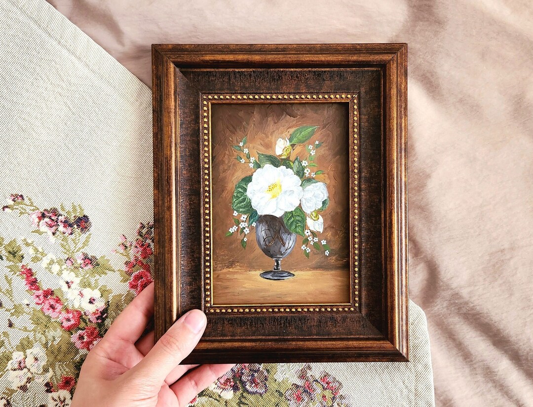 Small Vintage Style ORIGINAL Painting framed White Flower Painting Tiny ...
