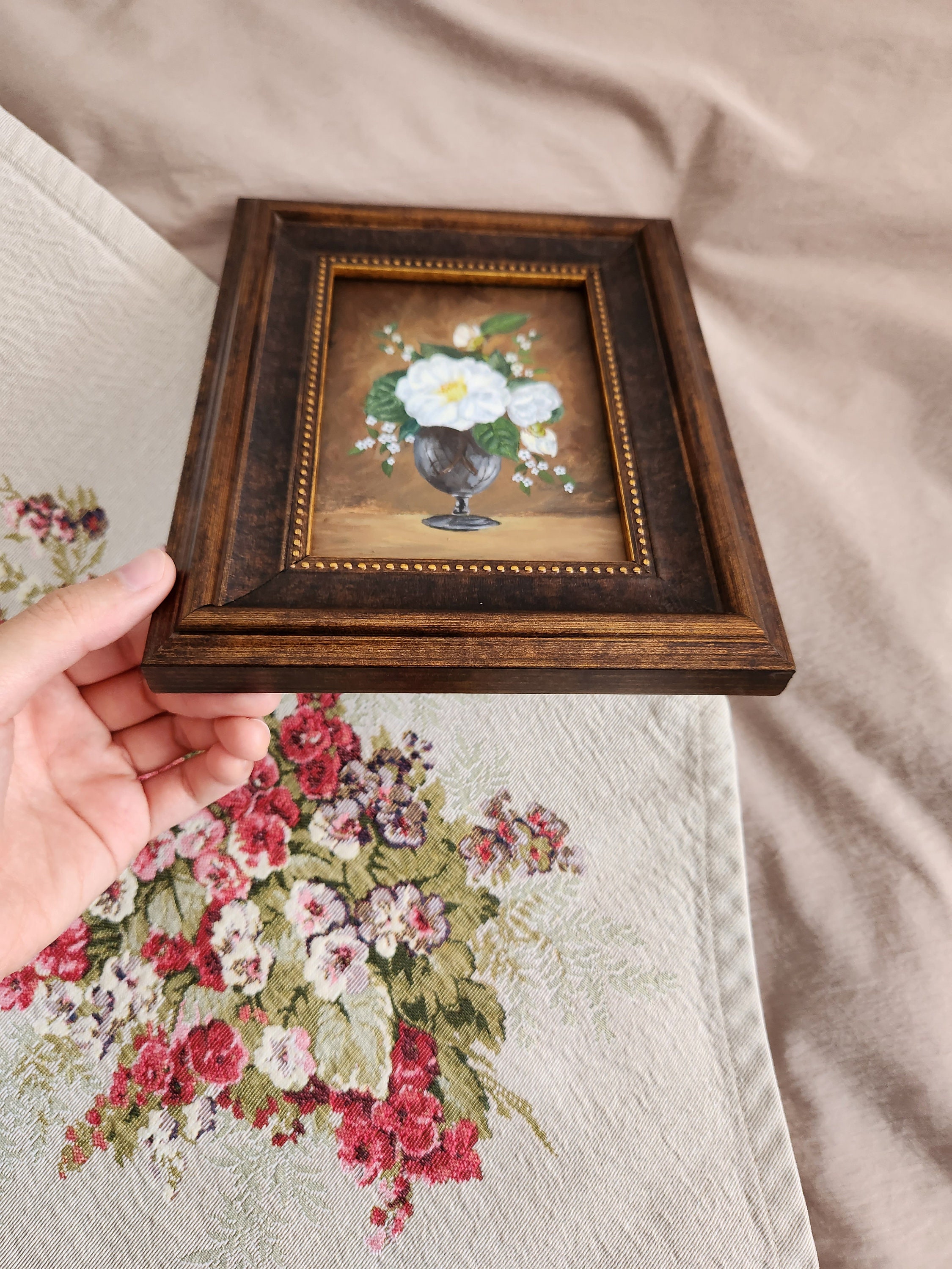 Small Vintage Style ORIGINAL Painting framed White Flower Painting Tiny Wall Art for Library ...