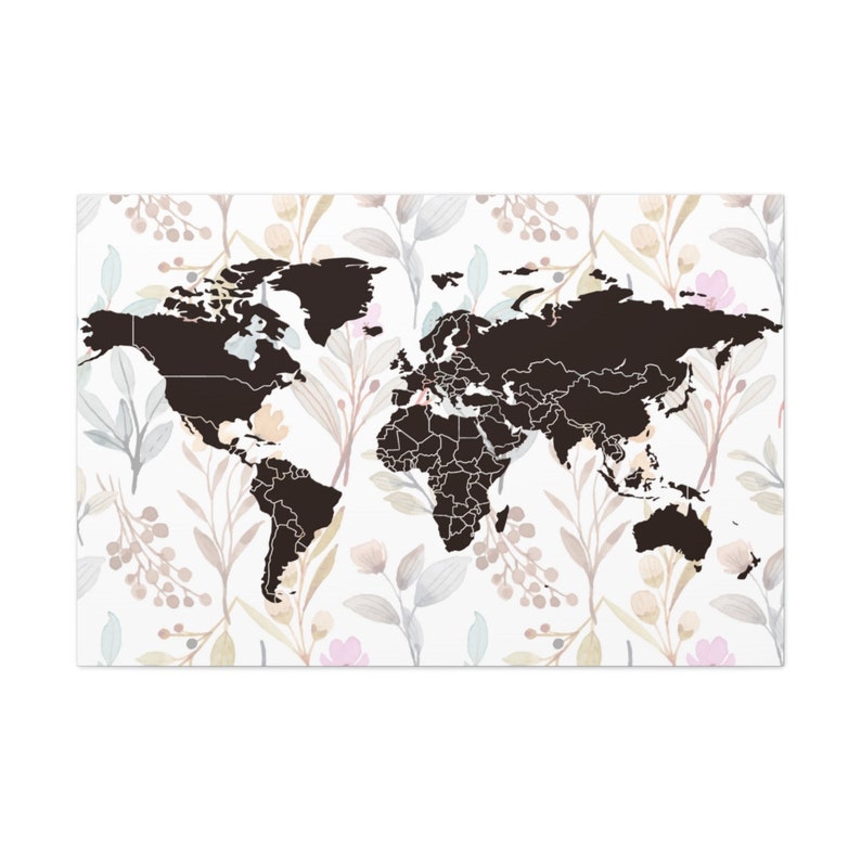 Floral Leaves Watercolor World Map Canvas Print 11 - Etsy