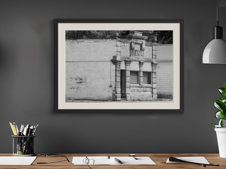 Black and White Photo of an Old Bank. Historic Architecture. Nostalgic ...