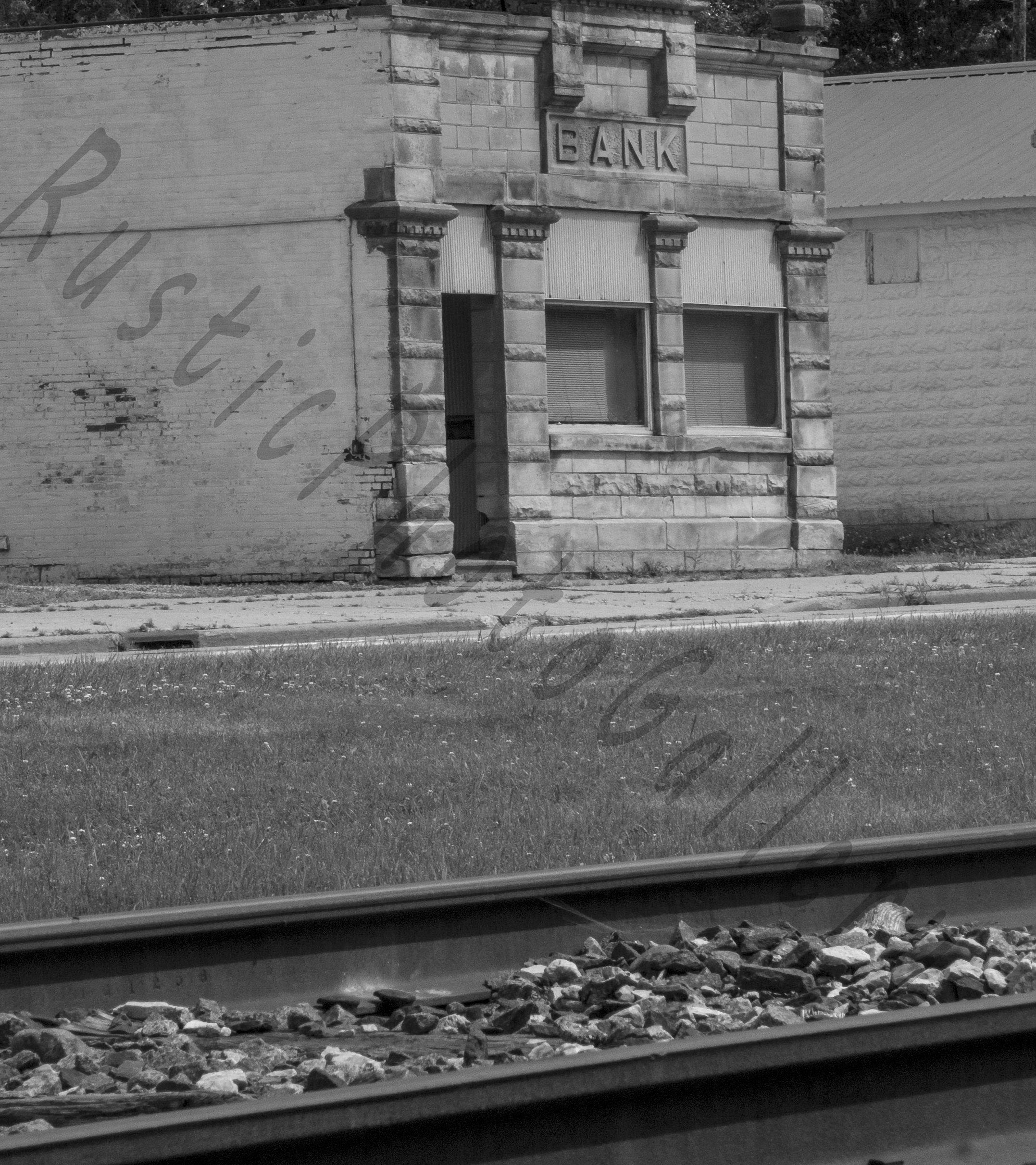 Black and White Photo of an Old Bank in Front of a Railroad for You to ...