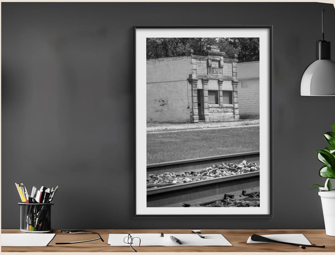 Old Bank With a Railroad in Front. Black and White Bank Photo. Historic ...