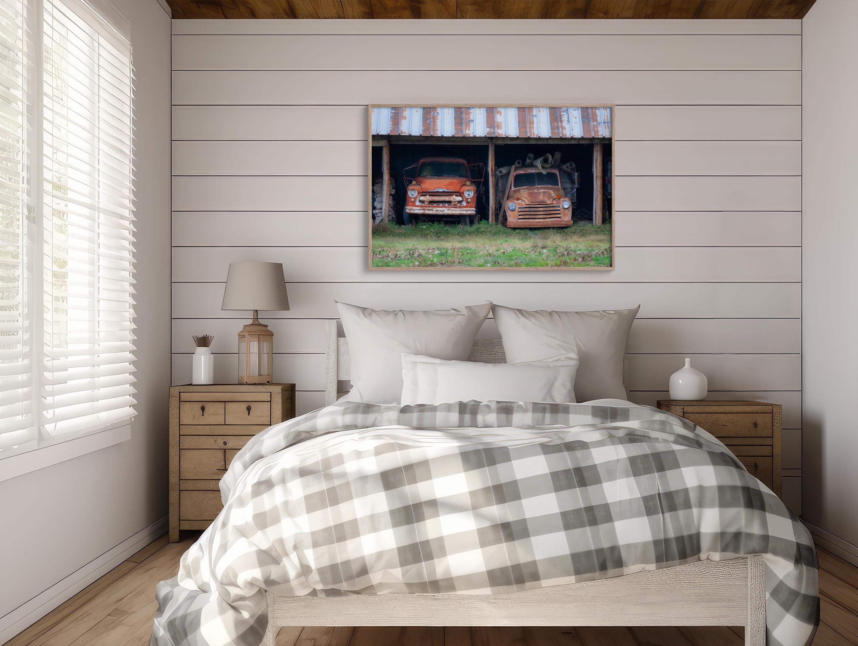 Old Trucks in a Rustic Garage. Vintage Trucks. Antique Trucks. Old ...