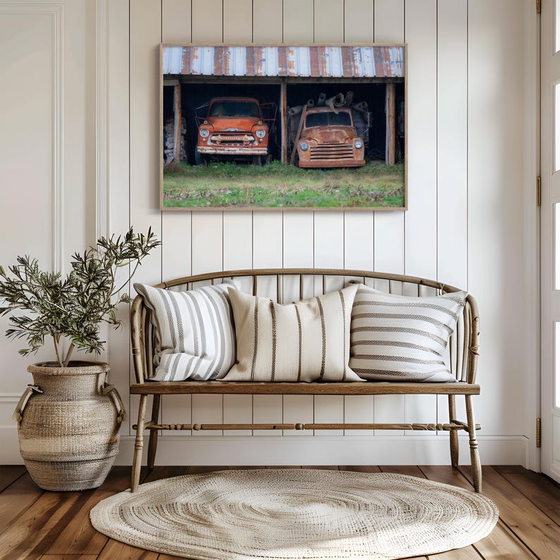 Old Trucks in a Rustic Garage. Vintage Trucks. Antique Trucks. Old ...