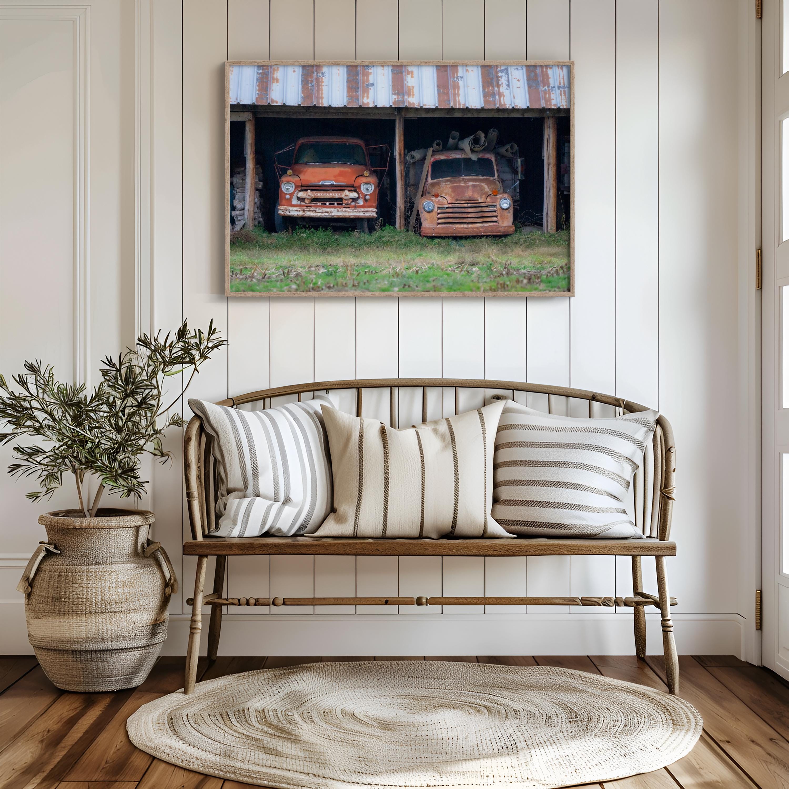 Old Trucks in a Rustic Garage. Vintage Trucks. Antique Trucks. Old ...