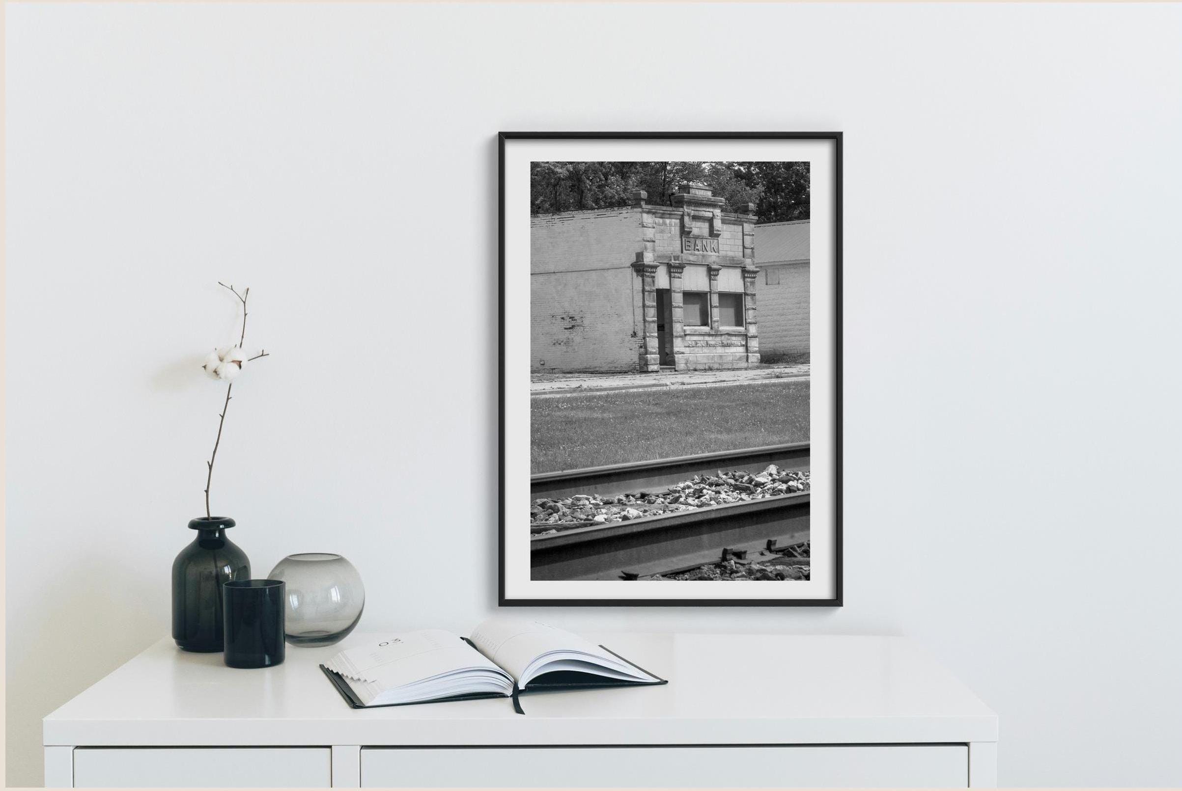 Old Bank With a Railroad in Front. Black and White Bank Photo. Historic ...