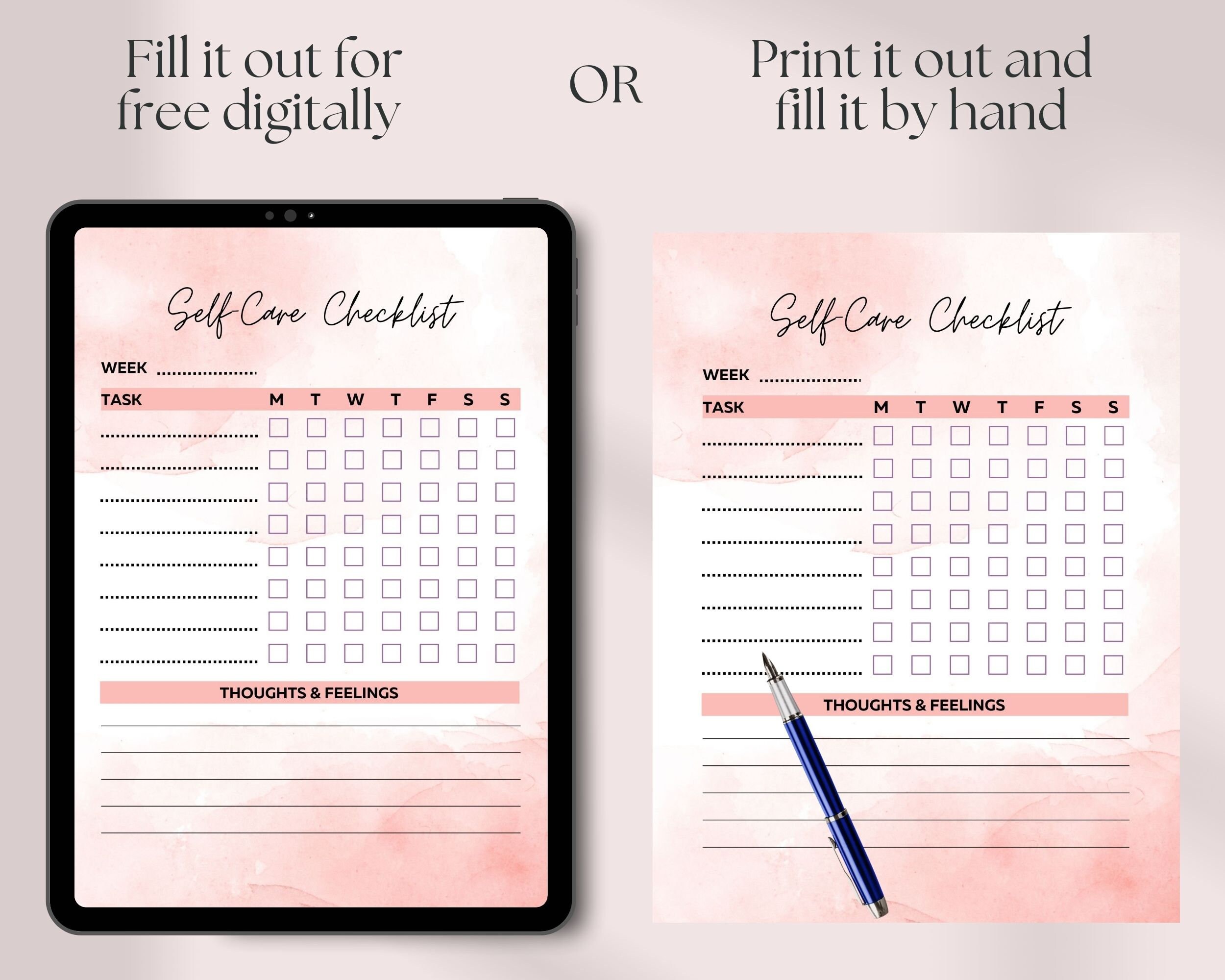 Digital Weekly Self-care Checklist, Printable Weekly to Do List, Daily ...