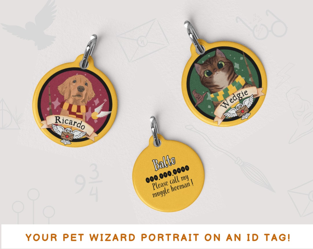 Magical Pet ID Tag, Custom Pet Portrait as a Hogwarts Wizard, Double ...