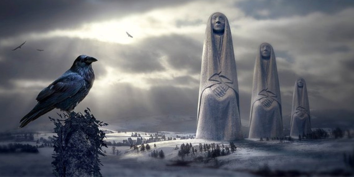 Fantasy Landscape With Raven and 3 Sisters Stone Statues Printable ...